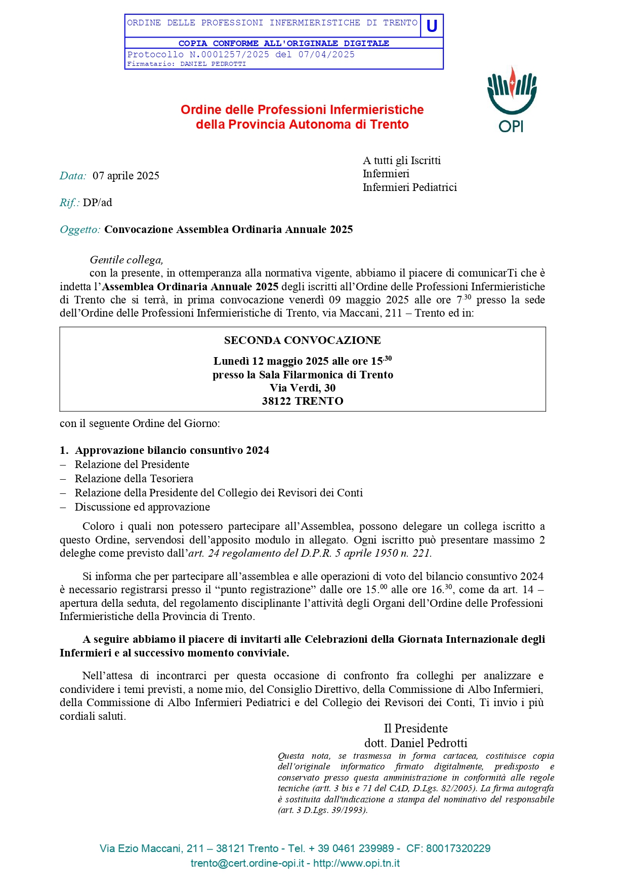 Assemblea Ordinaria - 12 maggio 2025 - OPI Trento